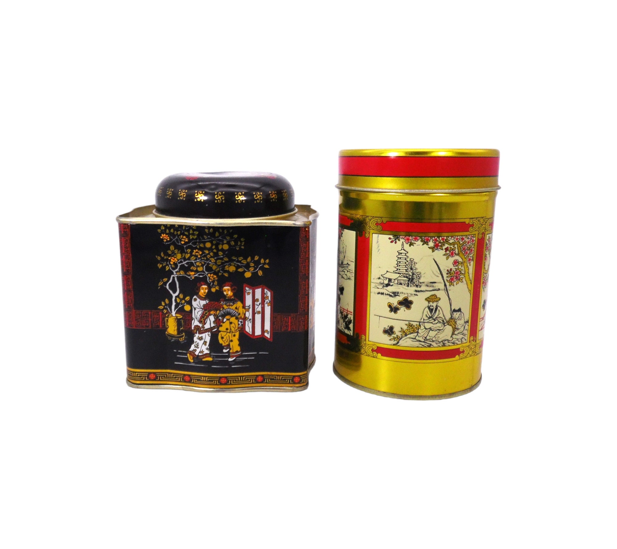 Collectible Metal Asian Oriental Tea Tins Empty Decorative Canisters ...