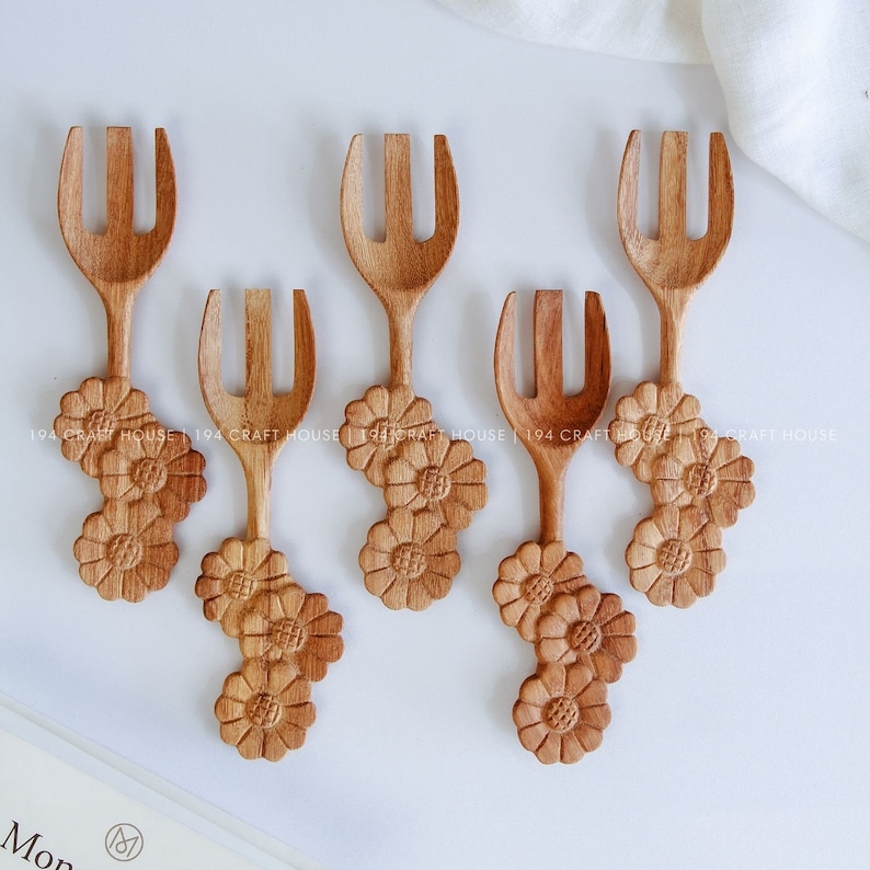 Hand Carved Sunflower Wooden Fork: Personalized Doussie Wood Kitchen ...