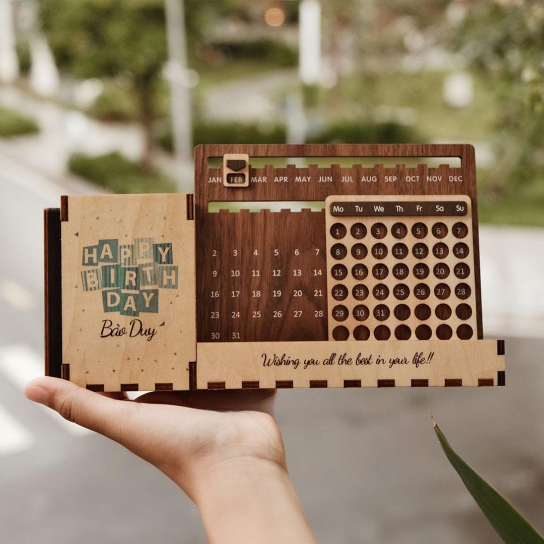 Custom Wood Perpetual Calendar With Storage/ Pen Holder, Personalized ...