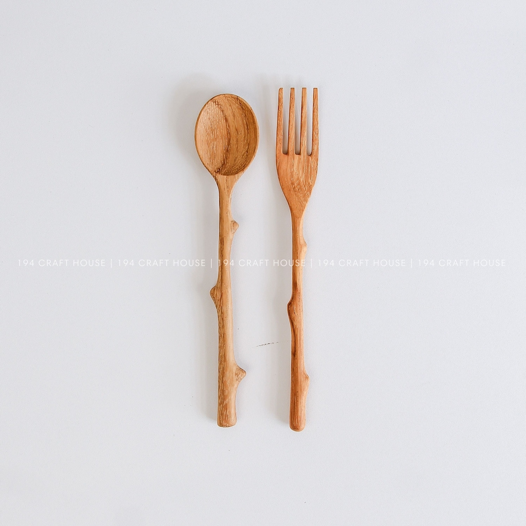 Hand Carved Twig Wooden Fork and Spoon Set: Personalized Kitchen ...