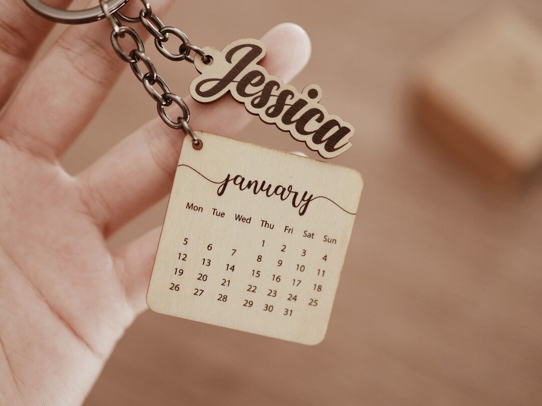 Custom Calendar Keychain: Engraved Wood, Personalized Date & Name - Etsy