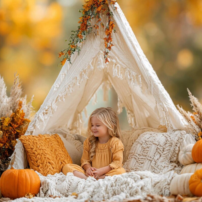 Autumn Teepee Digital Backdrop, Fall Pumpkin Patch Photo Background ...