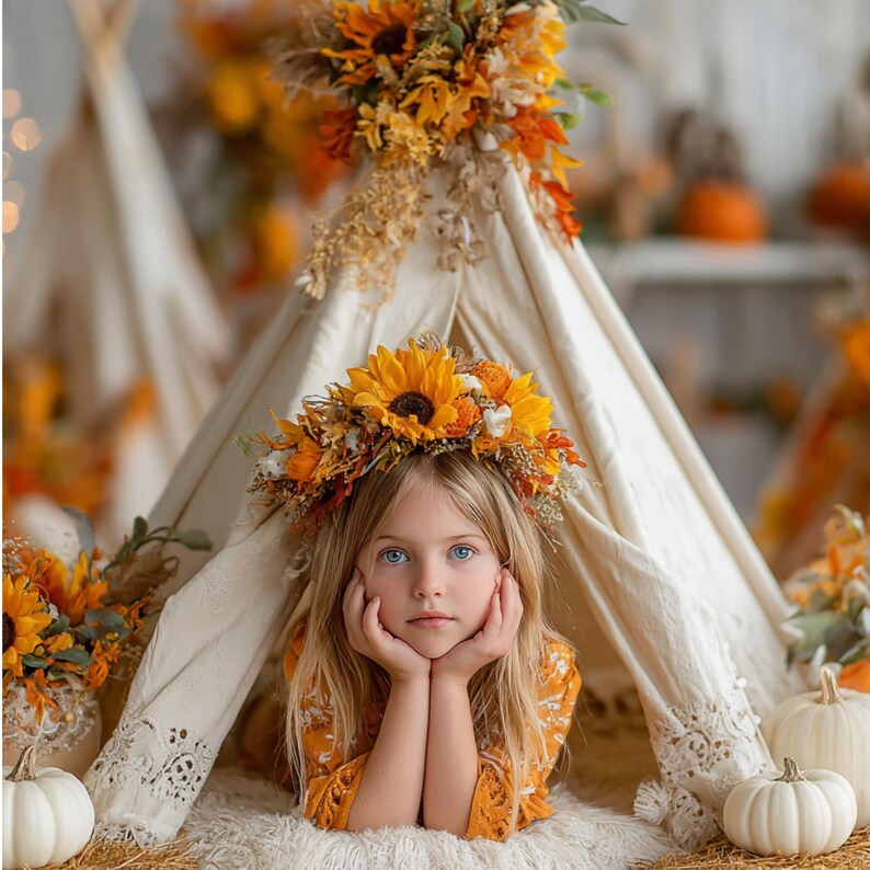 Autumn Teepee Digital Backdrop, Fall Pumpkin Patch Photo Background ...
