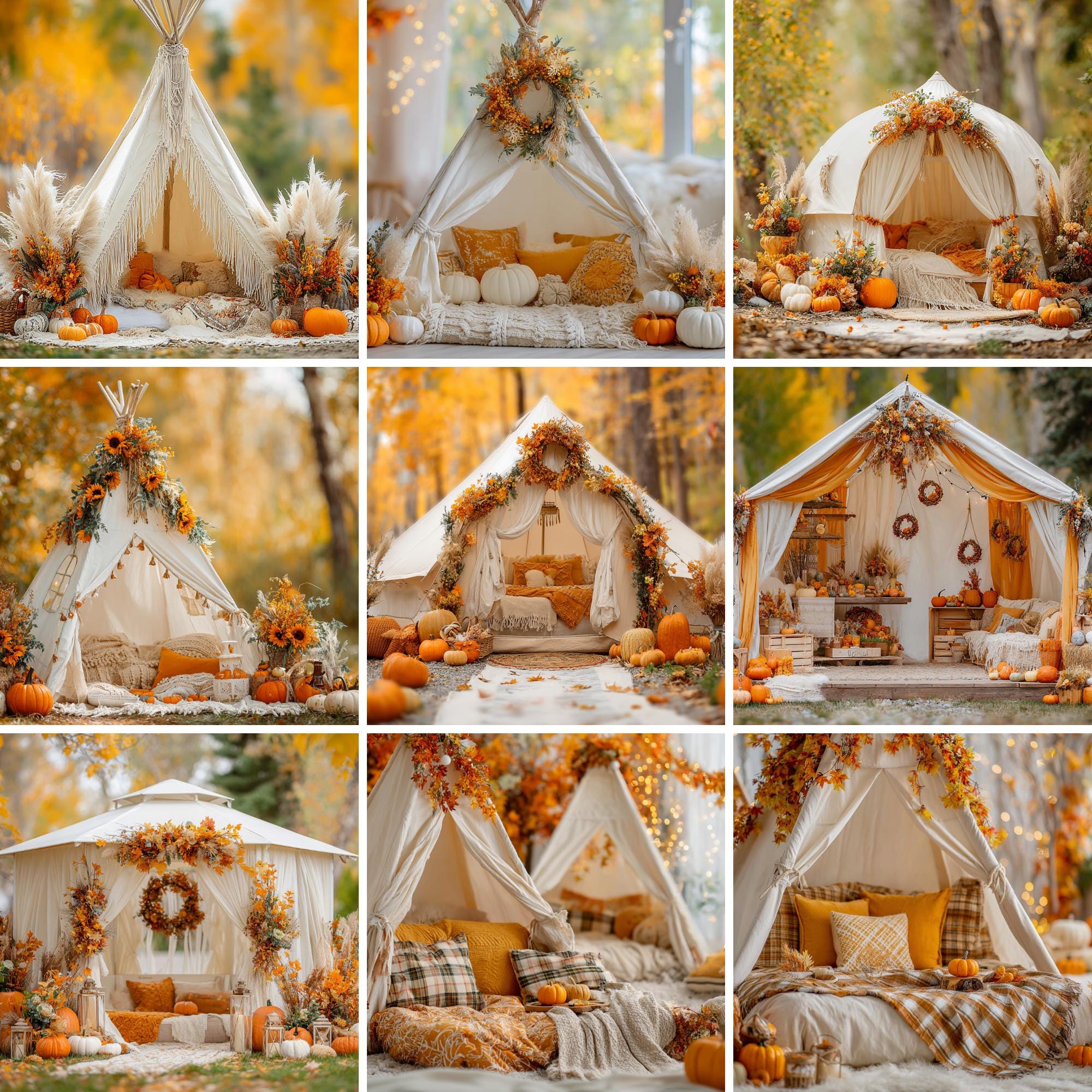 Autumn Teepee Digital Backdrop, Fall Pumpkin Patch Photo Background ...