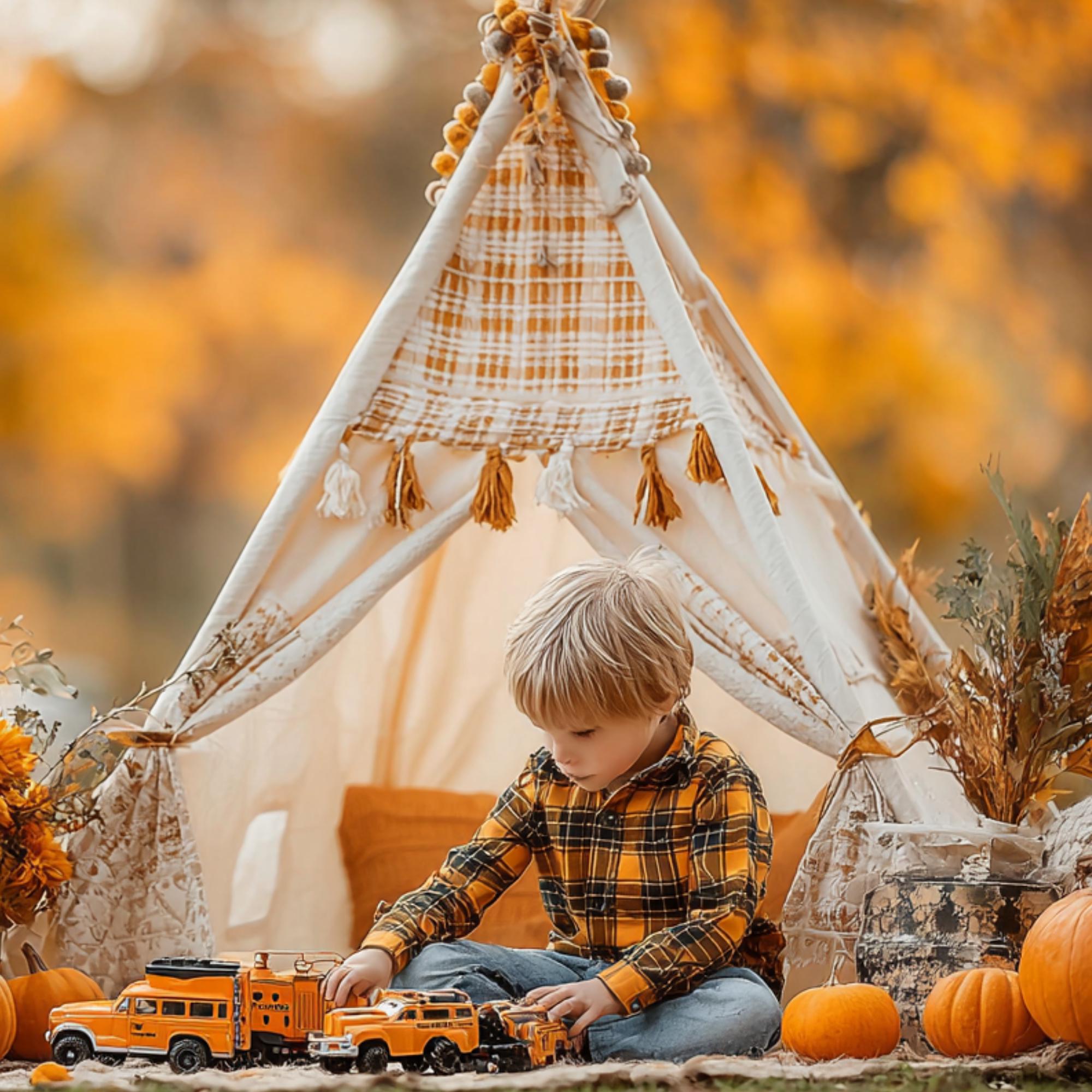 Autumn Teepee Digital Backdrop, Fall Pumpkin Patch Photo Background ...
