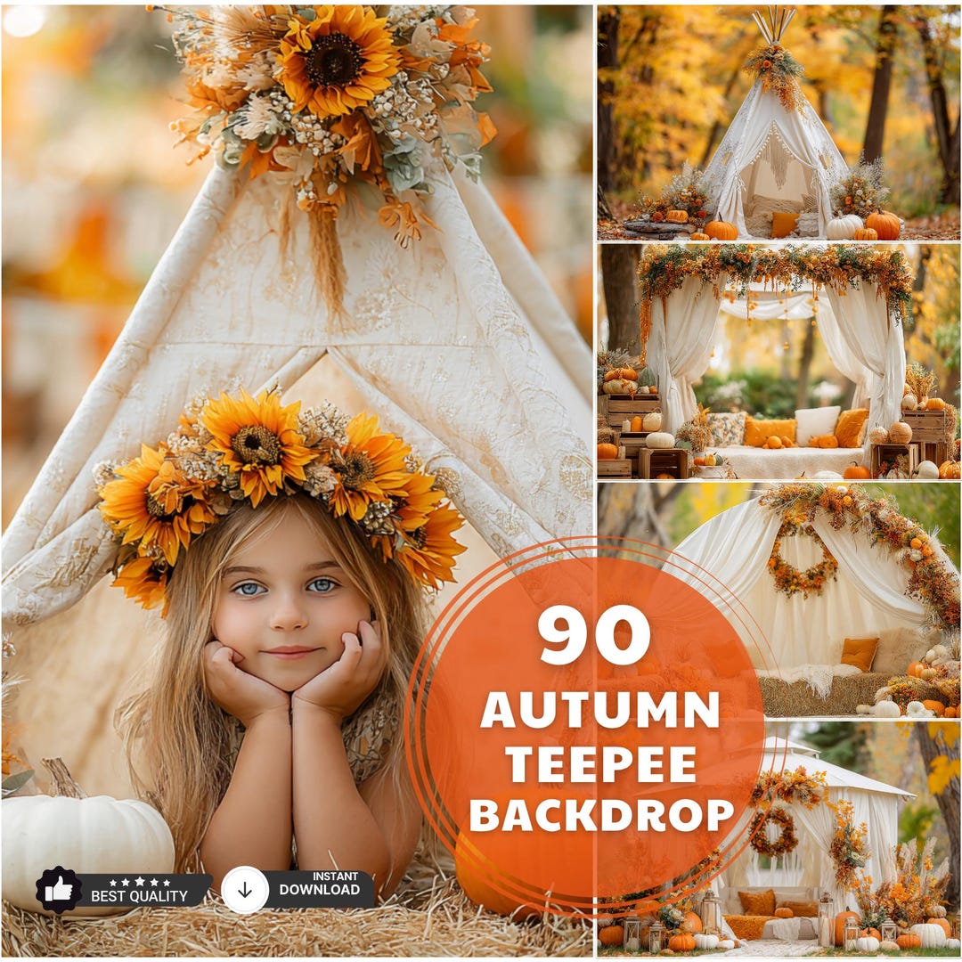 Autumn Teepee Digital Backdrop, Fall Pumpkin Patch Photo Background ...