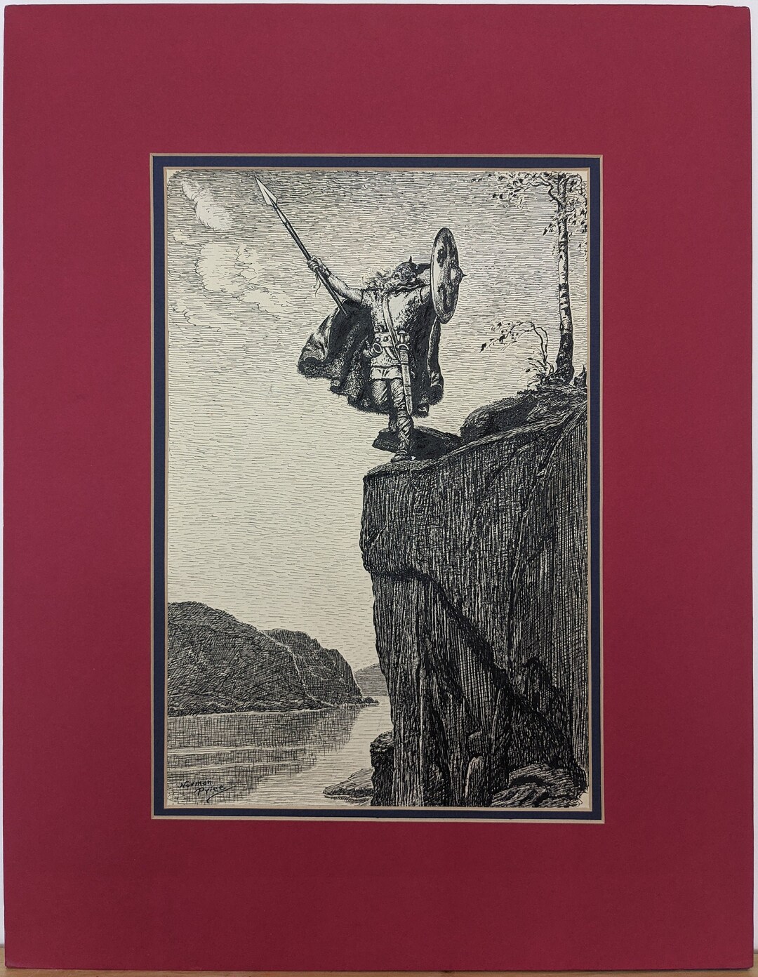 Vintage Drawing of Leif Erikson Yelling on Cliff Edge by Norman Price ...