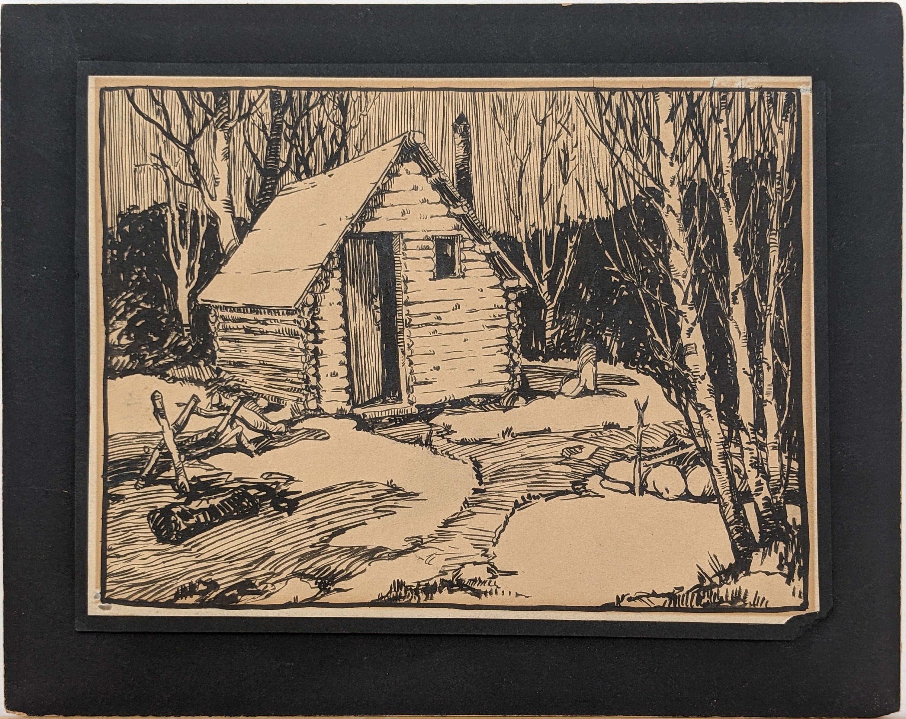 Vintage Landscape Drawing of Hunting Cabin in Forest by Rudolph ...