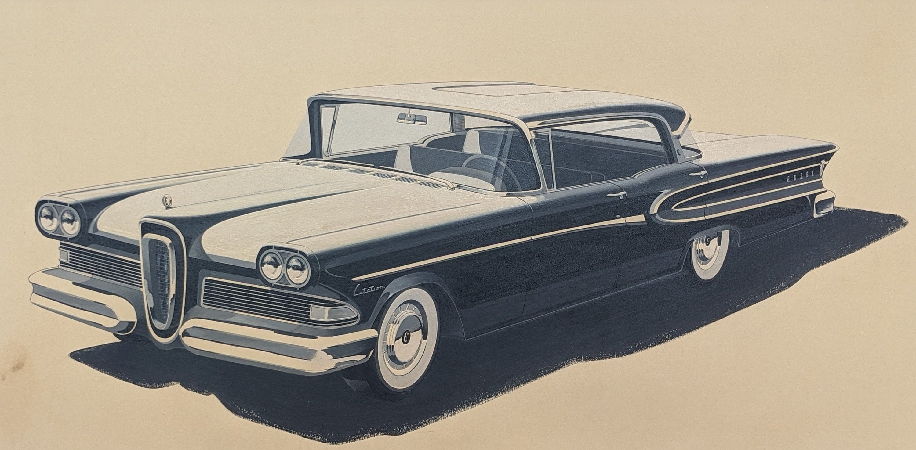 Vintage Painting of Ford Edsel Custom Car Headed Left by Kenneth Lewis ...