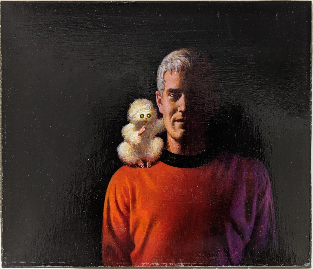 Vintage Painting of Man With Small Fuzzy Alien by Hector Garrido - Oil ...