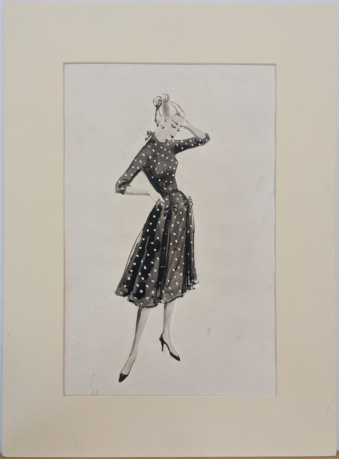 Fashion Drawing of Model in Polka Dot Dress - Original Artwork - Etsy