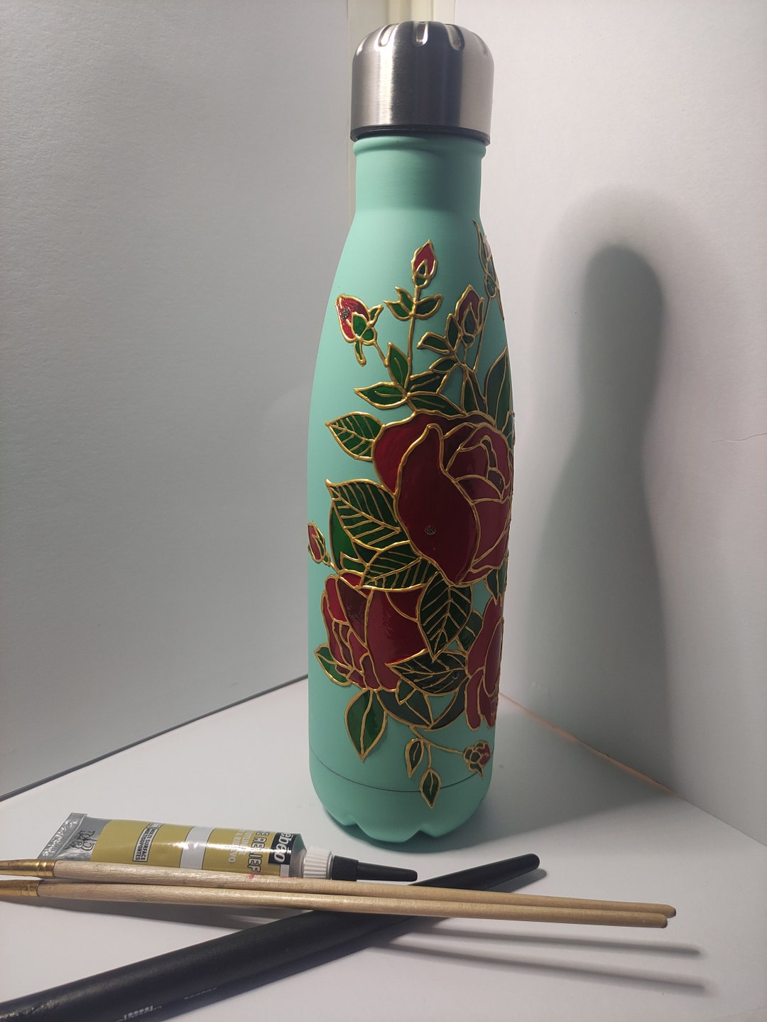 Artistic Elegance hand-painted Rose-themed Thermos Bottle for Water ...