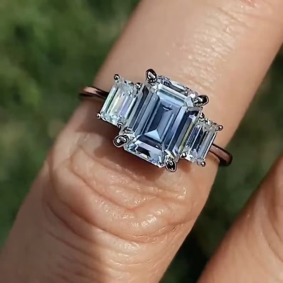 Three Stone Emerald Cut Ring 3 CT Emerald Cut Moissanite Engagement Ring 14K Gold Ring ...