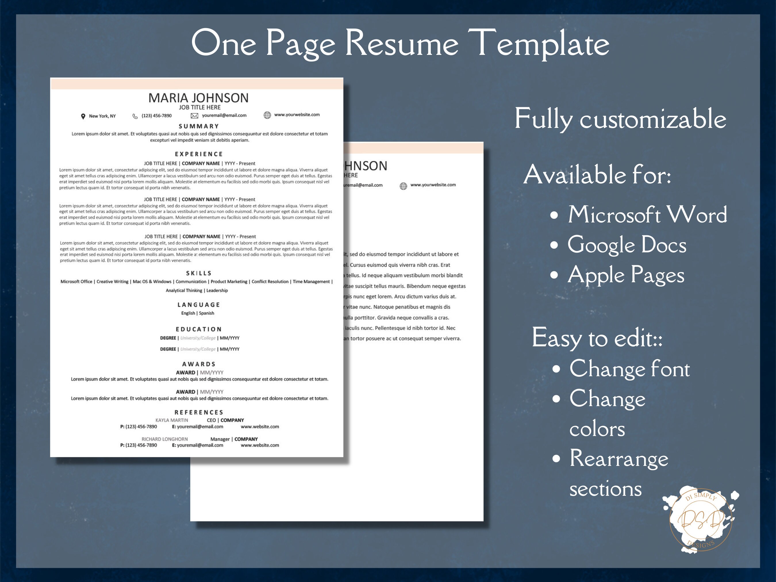 Traditional One Page Resume Template | Editable and Customizable ...