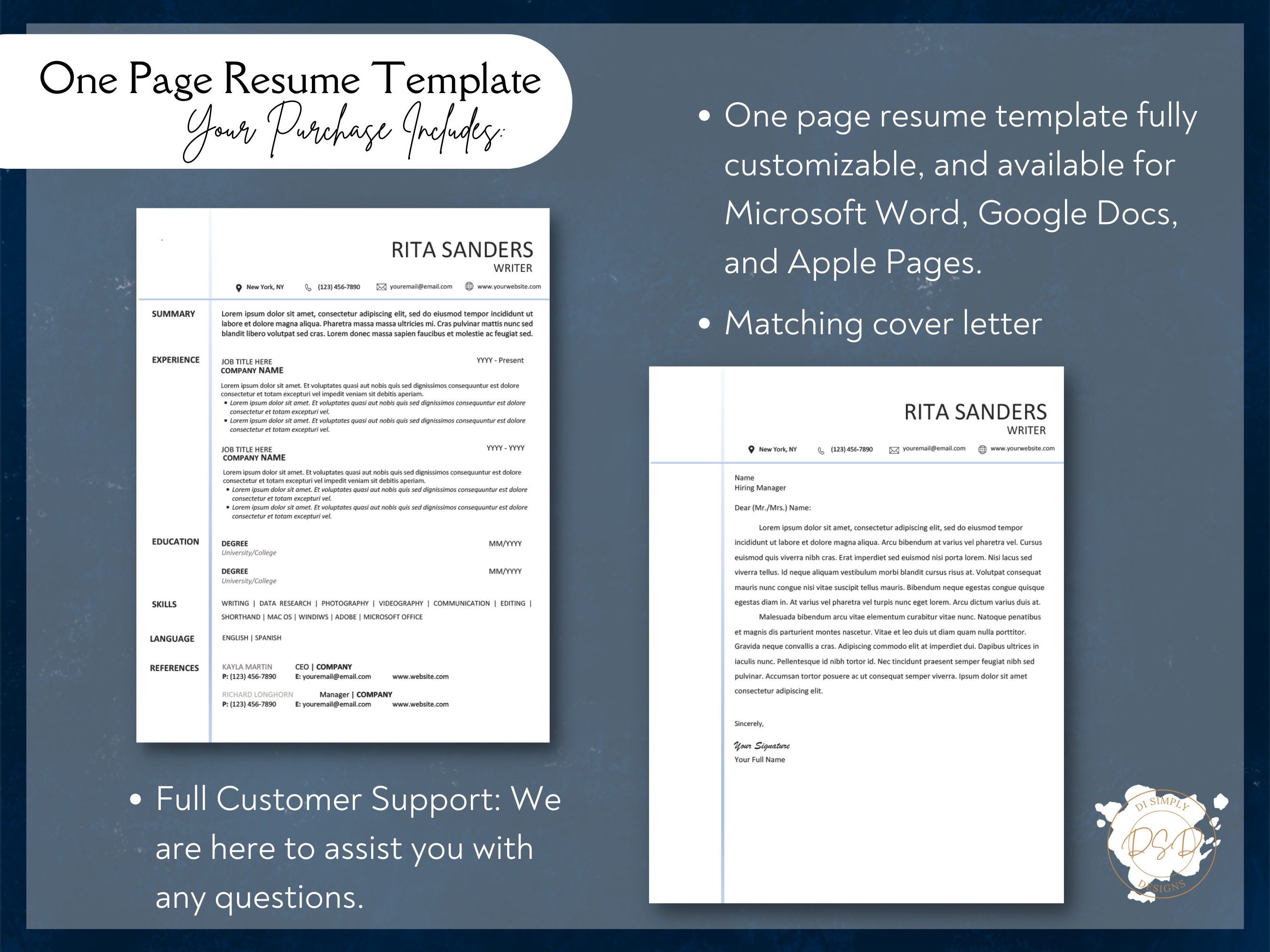Editable One Page Resume Template for Microsoft Word, Google Docs, and ...