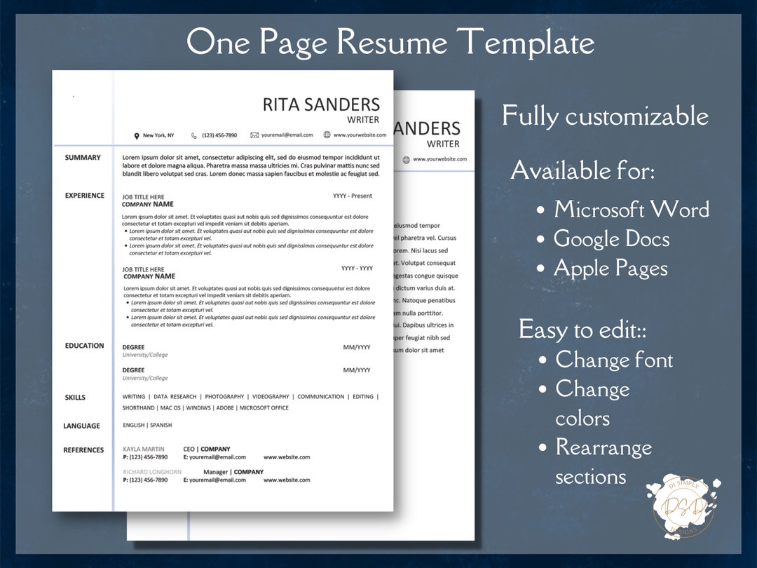 Editable One Page Resume Template for Microsoft Word, Google Docs, and ...