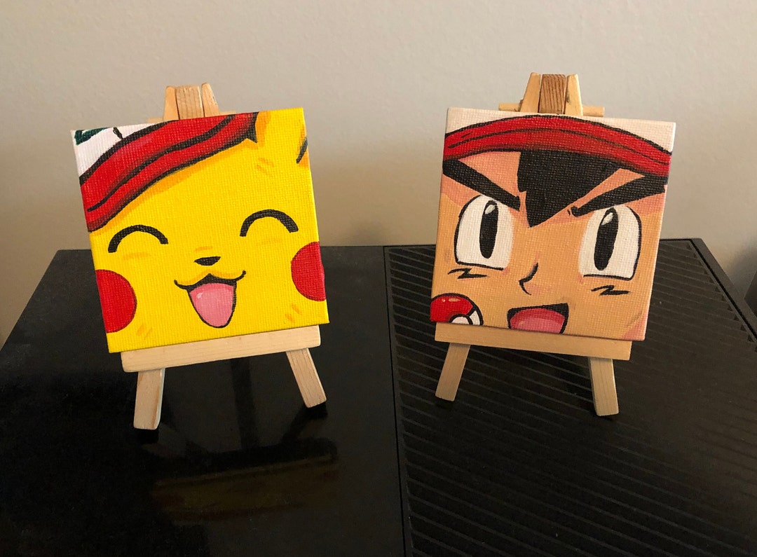 Ash & Pikachu Mini Canvas Paintings W/easel - Pokemon Anime Cartoon ...
