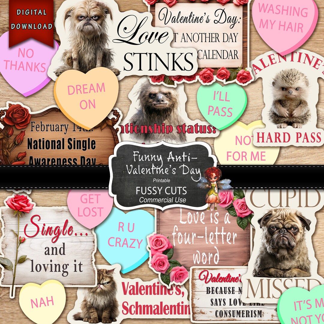 Funny Anti-valentine's Day Fussy Cuts, Valentine Stickers, Valentine's ...