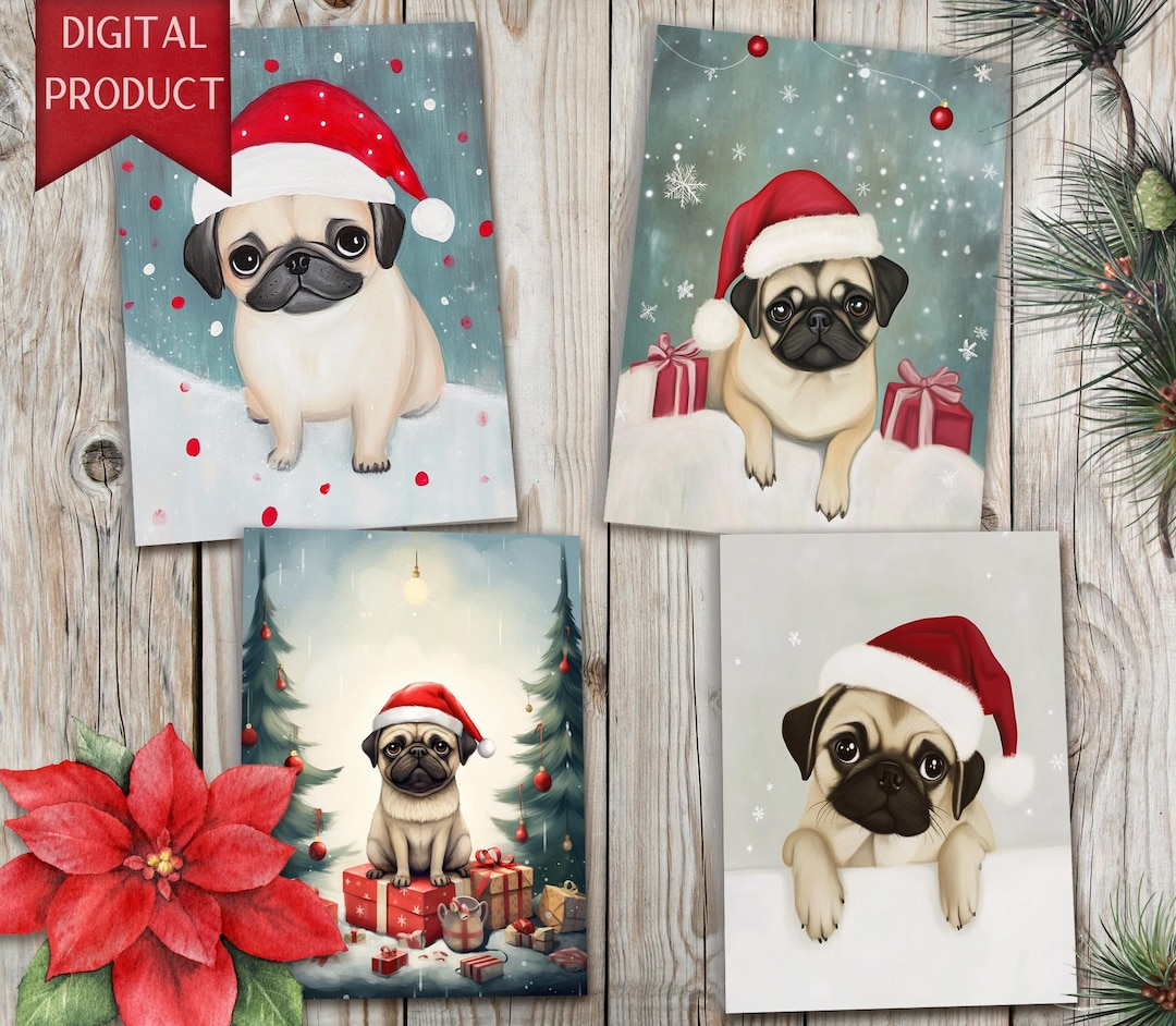 Pug Christmas Card Set Digital Download | Festive Holiday Cards ...