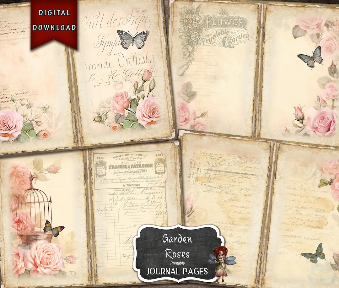 10 Printable Rose Journal Pages, Shabby Roses Paper, Birds and Roses ...