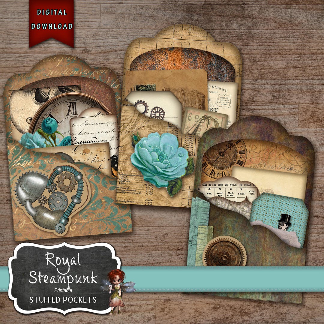 Set of 3 Steampunk Stuffed Pockets, Steampunk Junk Journal, Digital ...
