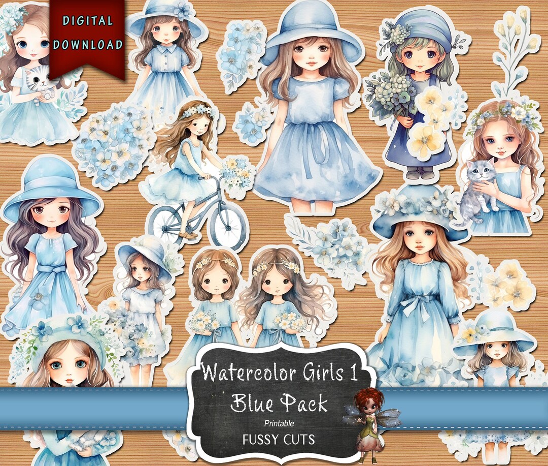 Journal Supplies, Watercolor Girl Stickers, Blue Dress Ephemera Digital ...