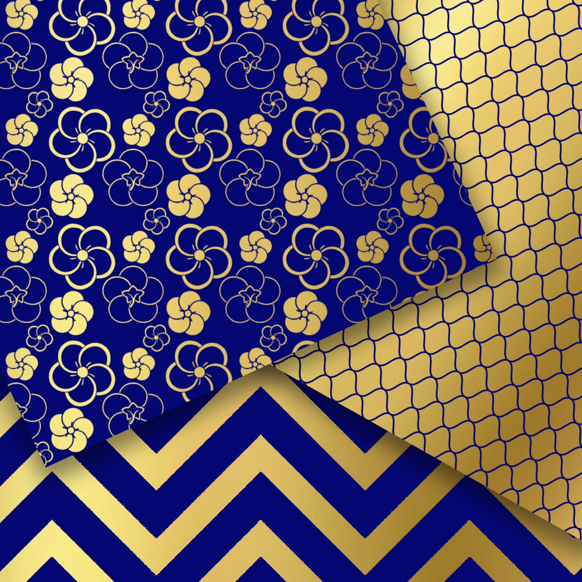 Blue and Gold Foil Digital Scrapbook Paper Pack Oriental | Etsy