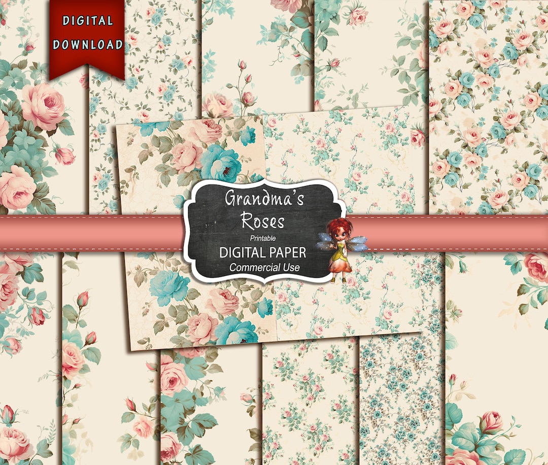 Journal Supplies, Pink & Turquoise Rose Printable Paper, Garden Journal ...