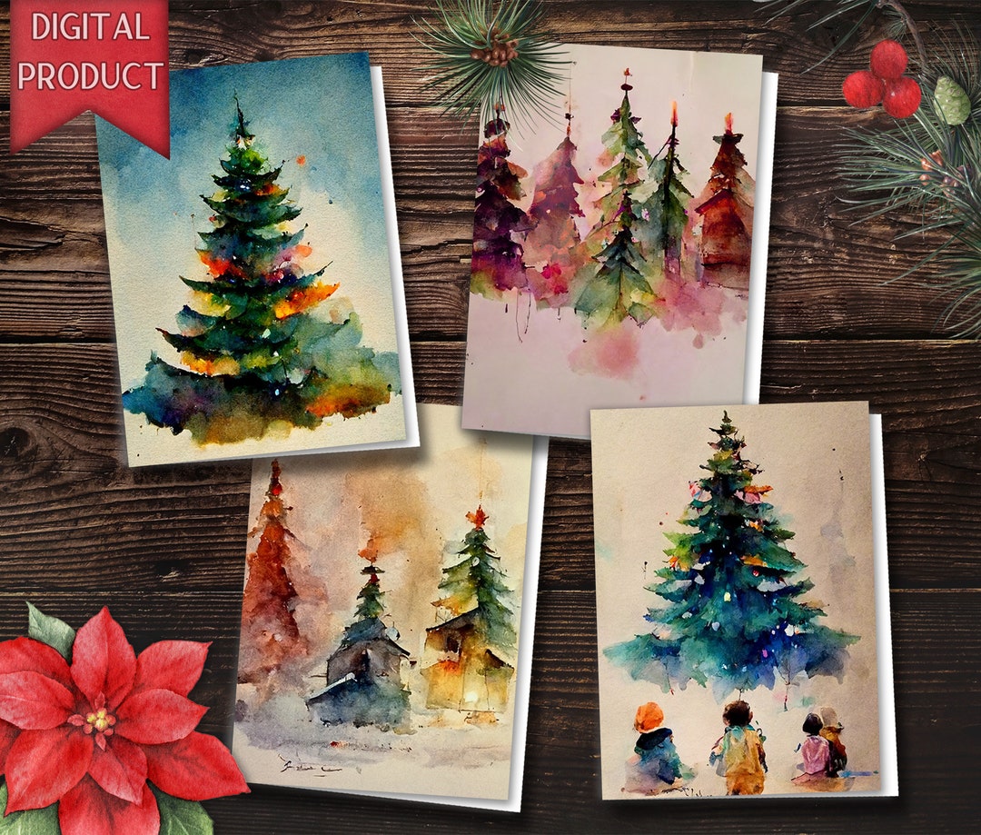 Watercolor Christmas Tree Cards: Colorful DIY Digital Download - Etsy