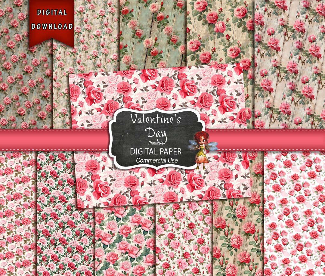 Roses Paper Pack 2, Printable Paper, Digital Download, Valentine's ...