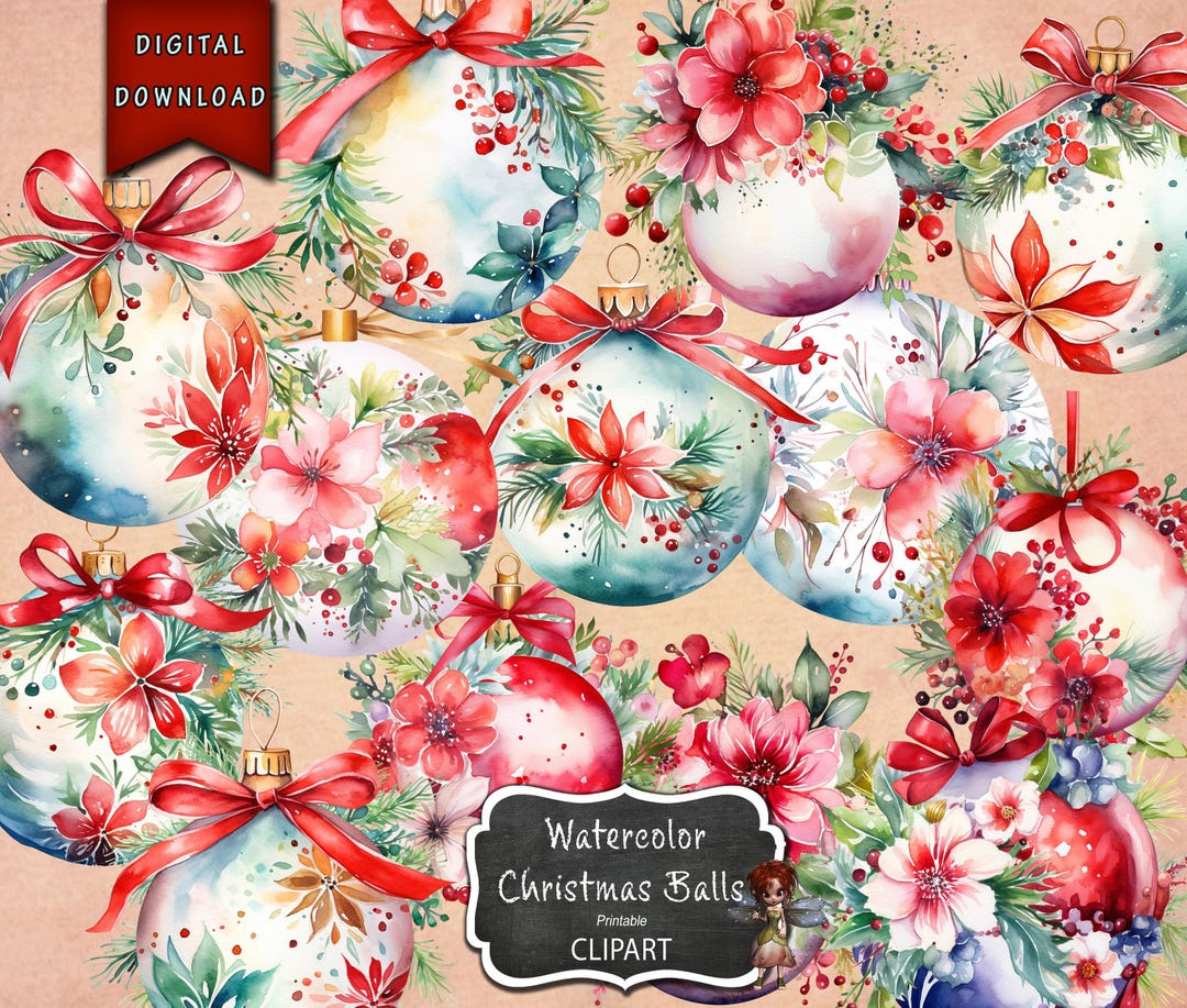 Watercolor Christmas Ornament Clipart: Floral Holiday PNG (digital ...