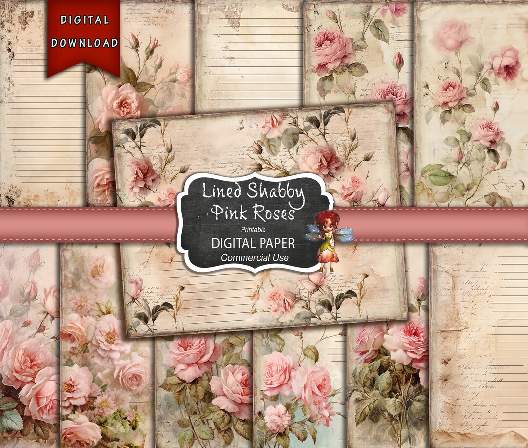 12 Printable Lined Shabby Pink Rose Journal Pages, Grungy Roses Journal ...