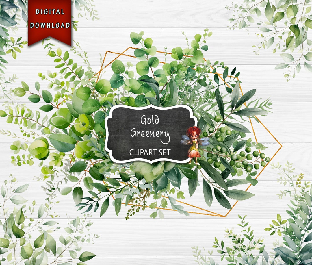 Greenery Clip Art, Gold Greenery, Elegant Plant Clip Art, Wedding ...