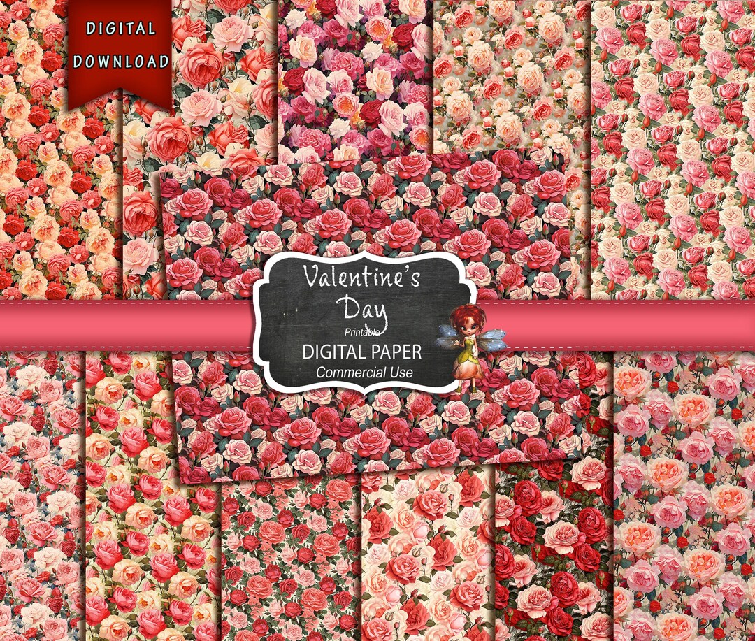 Roses Paper Pack, Printable Paper, Digital Download, Valentine's Paper ...