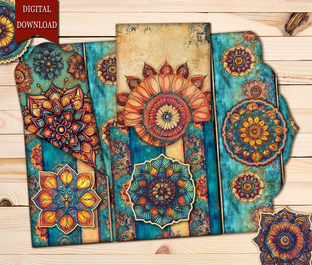 Mandala Printable Folio, Printable Ephemera, Boho Junk Journal, Mandala ...
