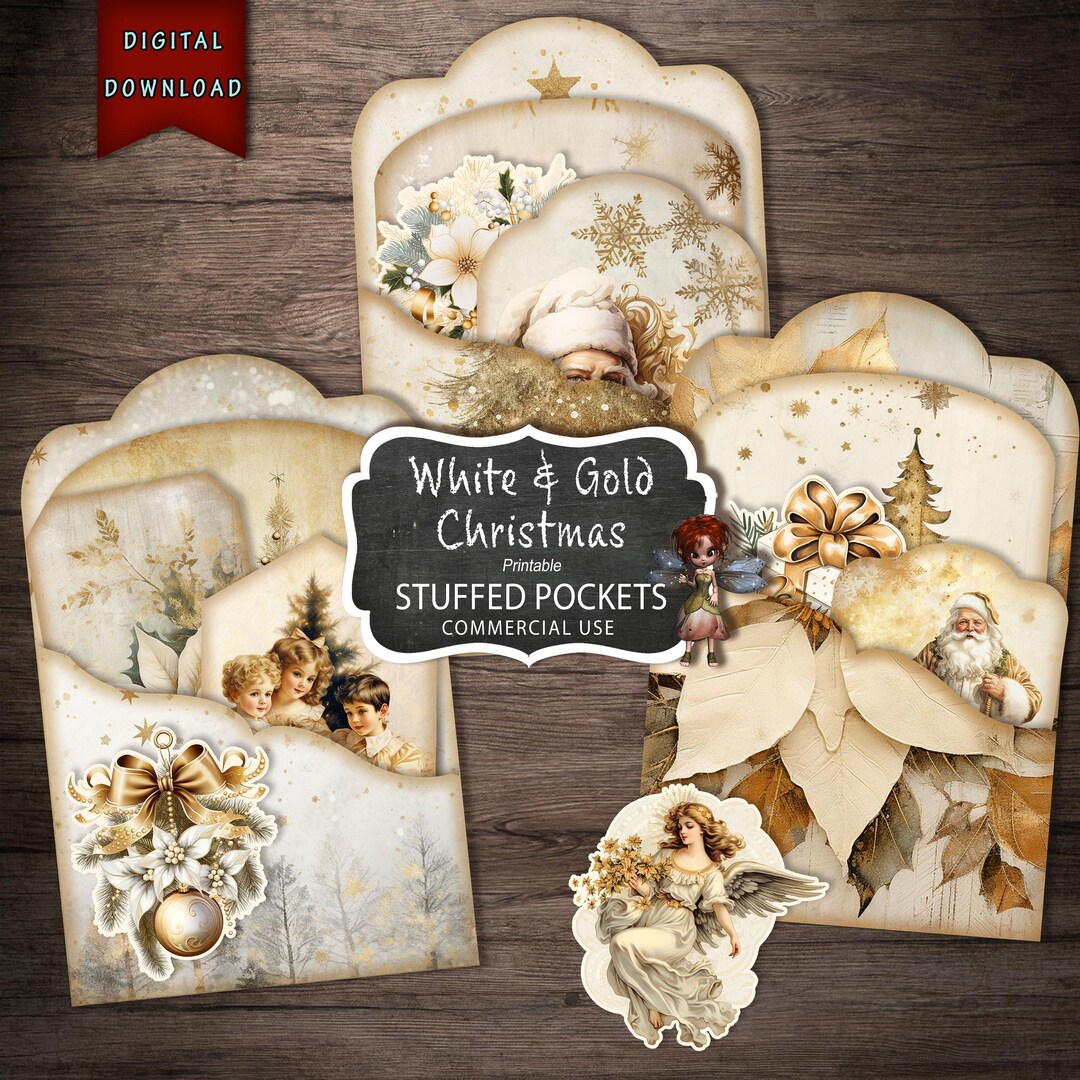 White and Gold Christmas Stuffed Pockets: Junk Journal Supplies ...