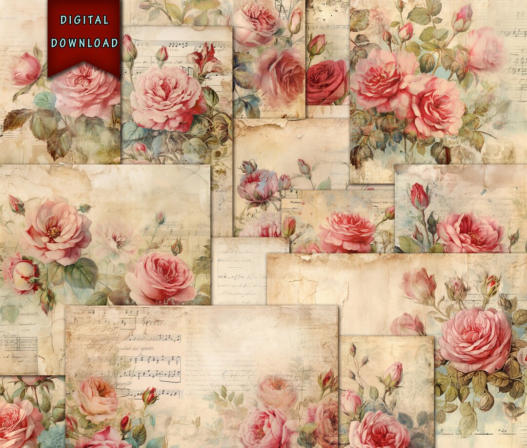 25 Printable Rose Journal Pages, Grungy Roses Junk Journal, Rose Paper ...