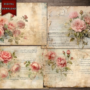 25 Printable Rose Journal Pages, Grungy Roses Junk Journal, Rose Paper ...
