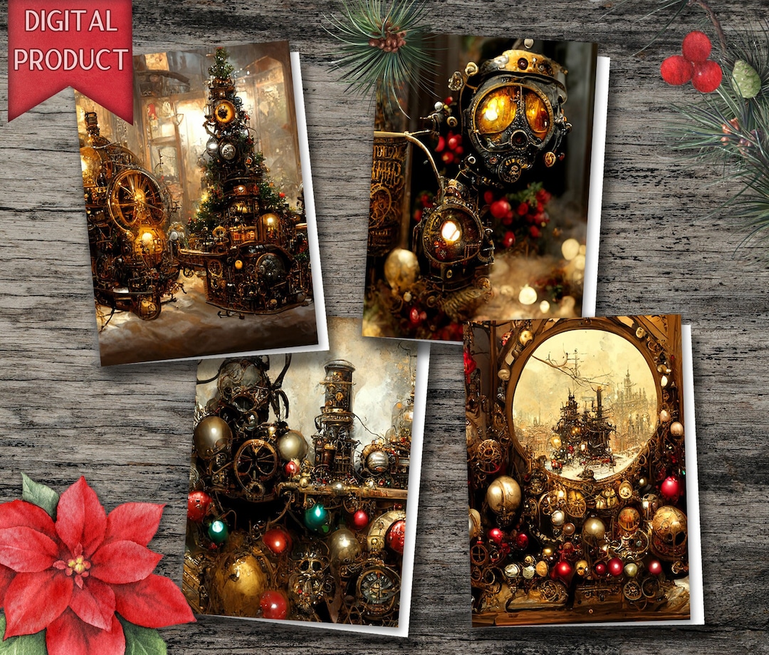 Steampunk Christmas Digital Cards 2, Nerd Christmas Cards, Geek ...