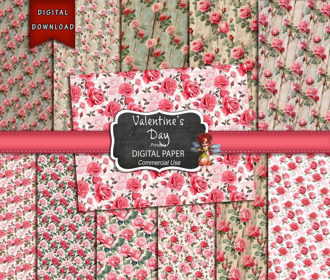 Roses Paper Pack 2, Printable Paper, Digital Download, Valentine's ...