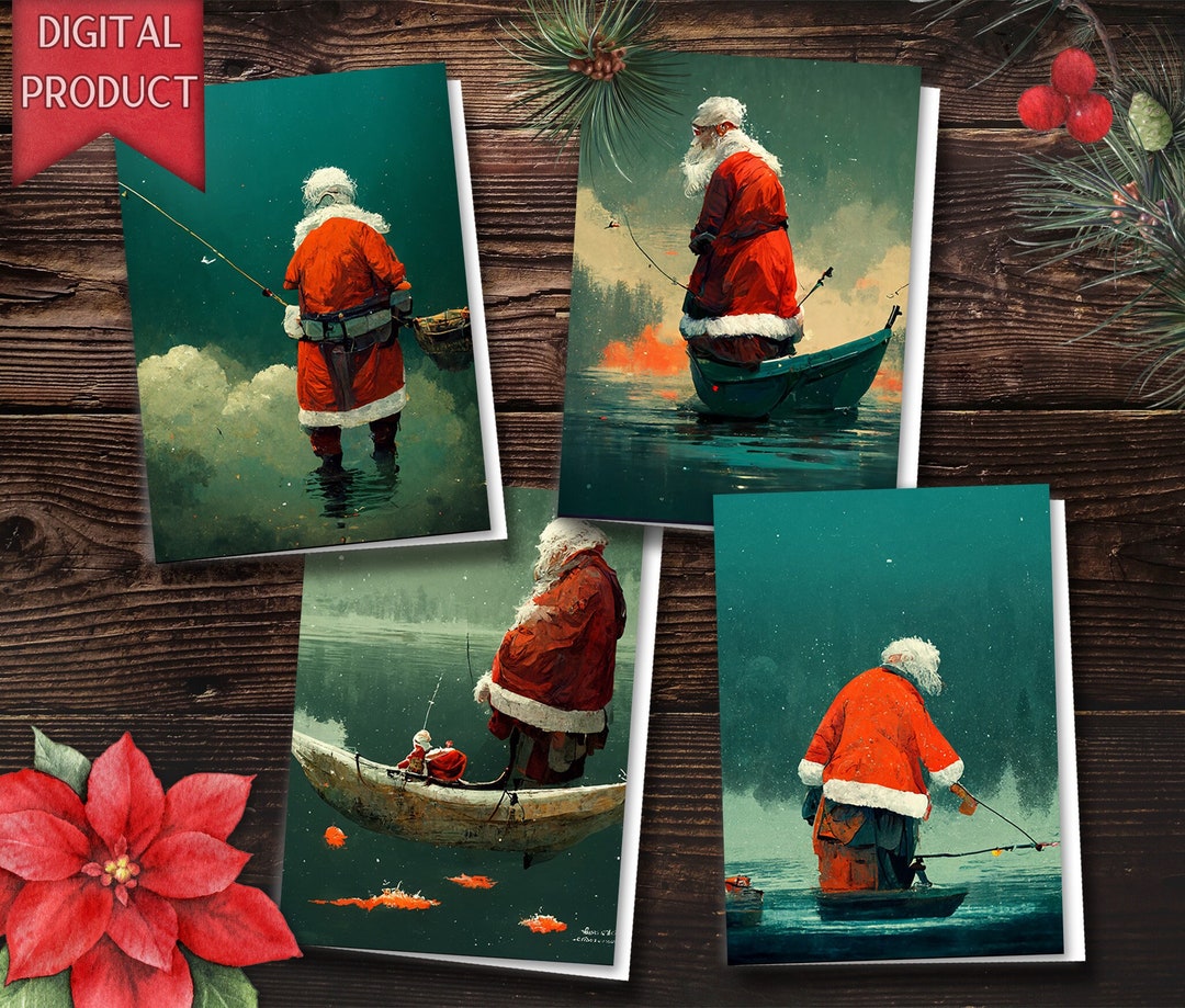 Christmas Santa Fishing Digital Cards Fishing Christmas - Etsy