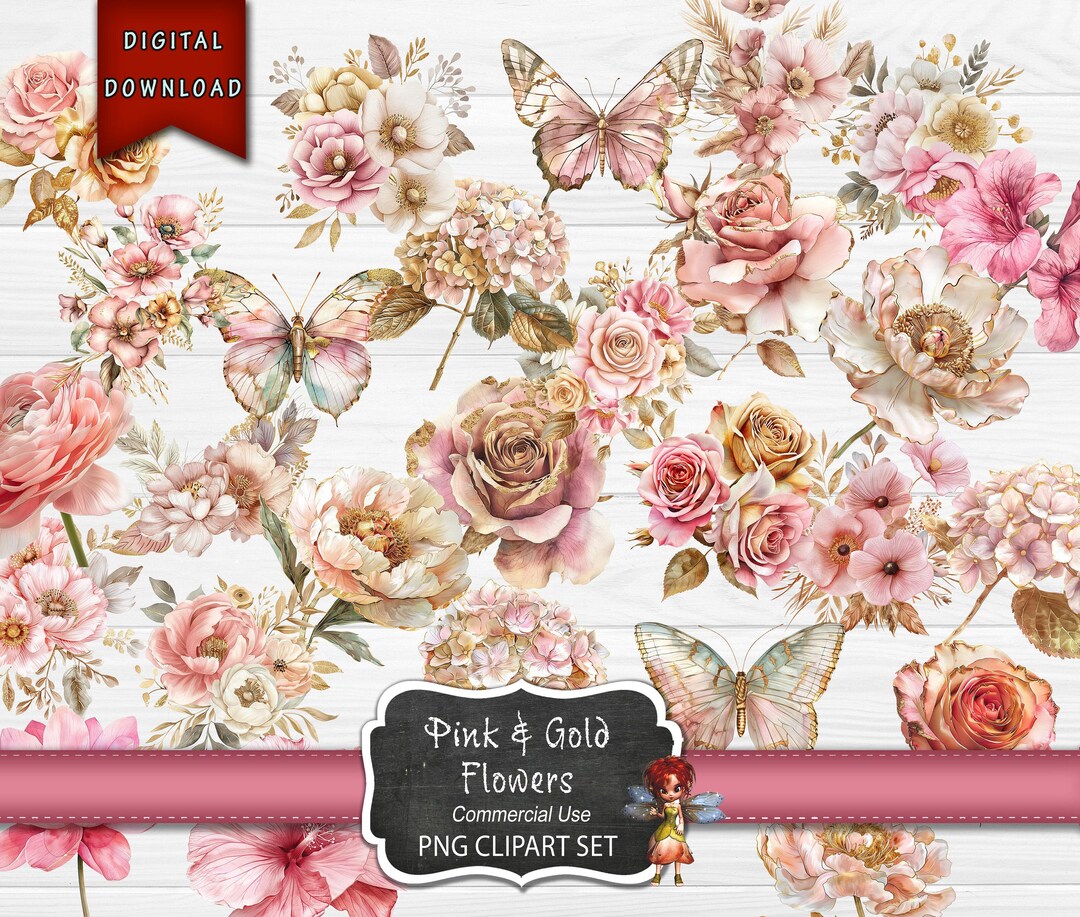 Pink and Gold Roses PNG Clipart, Rose Clipart for Wedding, Pink Flowers ...