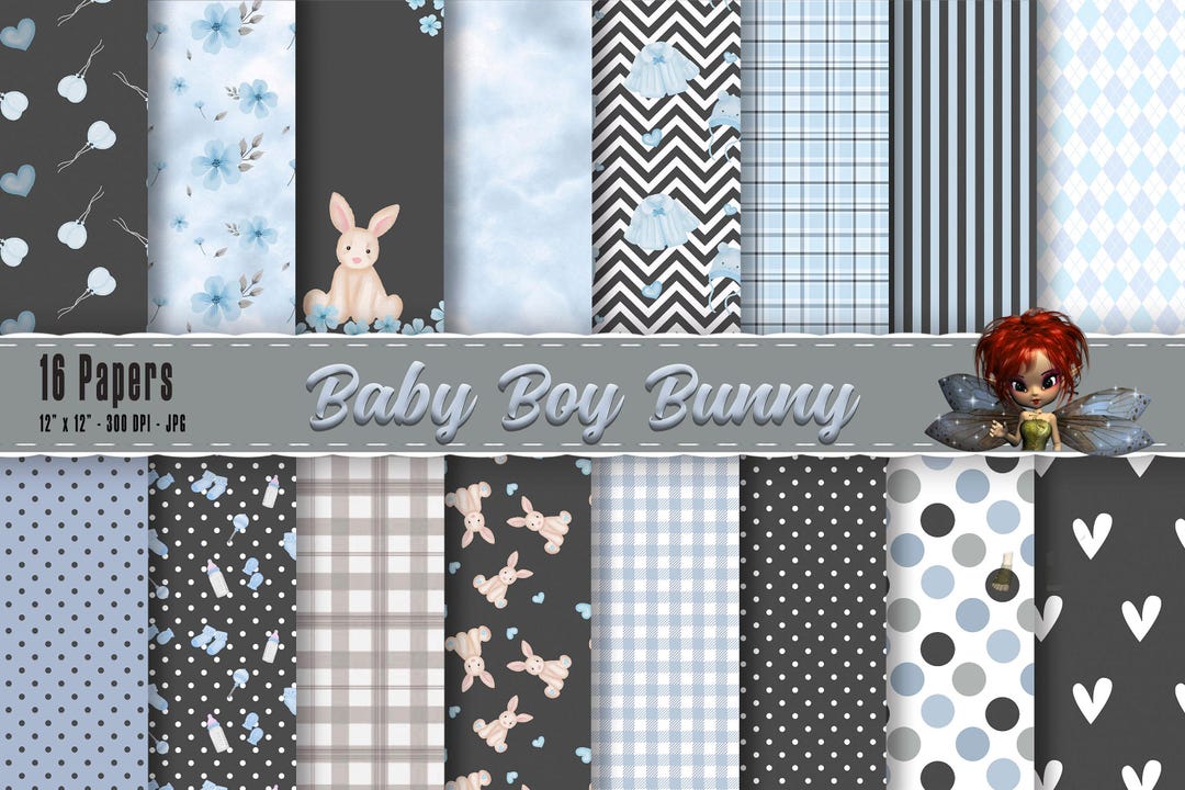 Journal Supplies, Blue Gray Baby Boy Digital Paper Pack, Bunny, Stripes ...