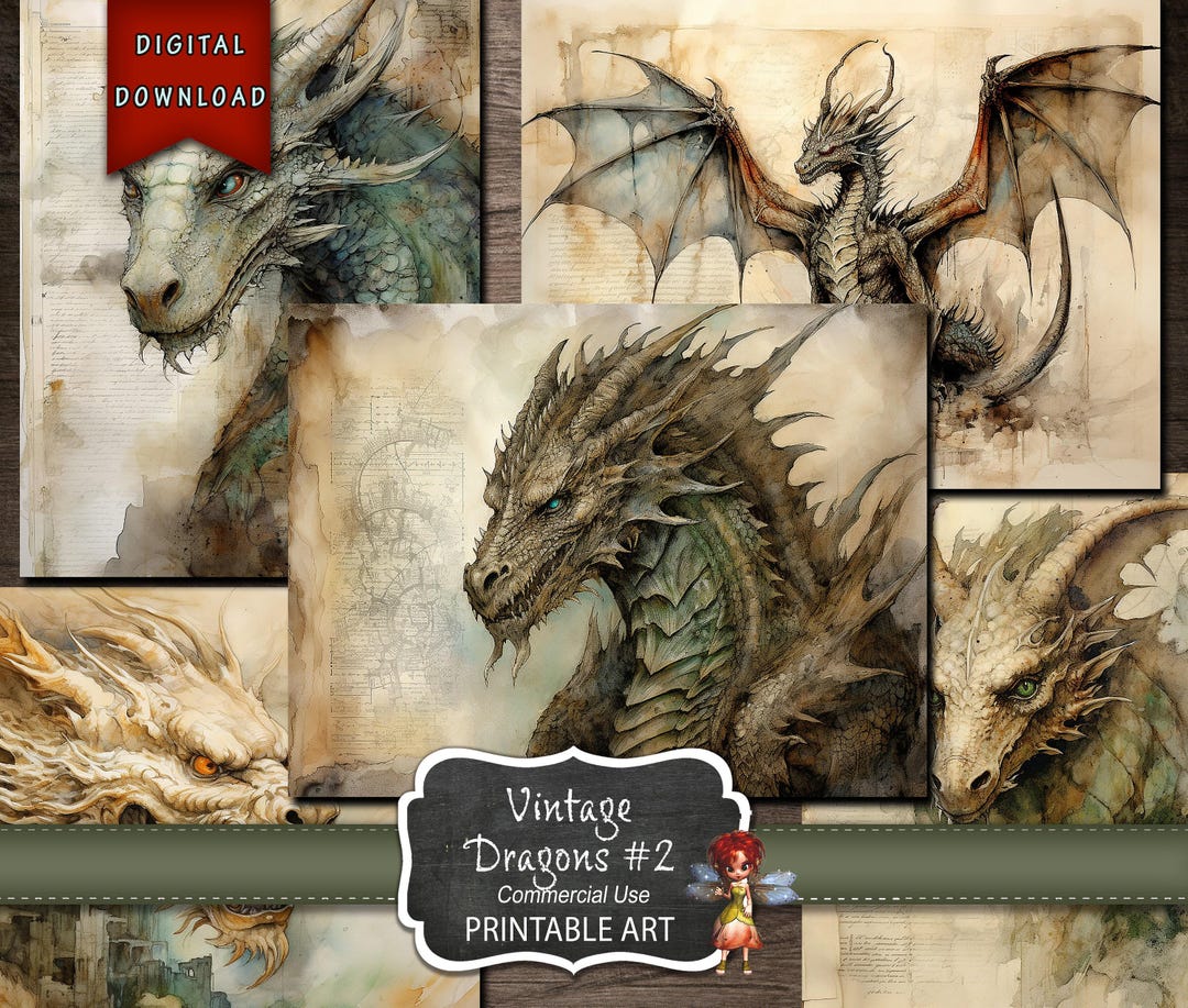 Journal Supplies, Vintage Dragon Art Prints, Medieval Fantasy Set ...