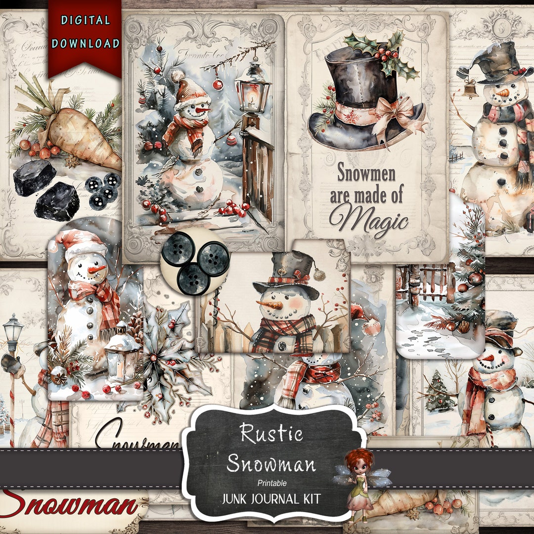 Rustic Snowman Junk Journal Kit, Christmas Printable Ephemera, Winter ...