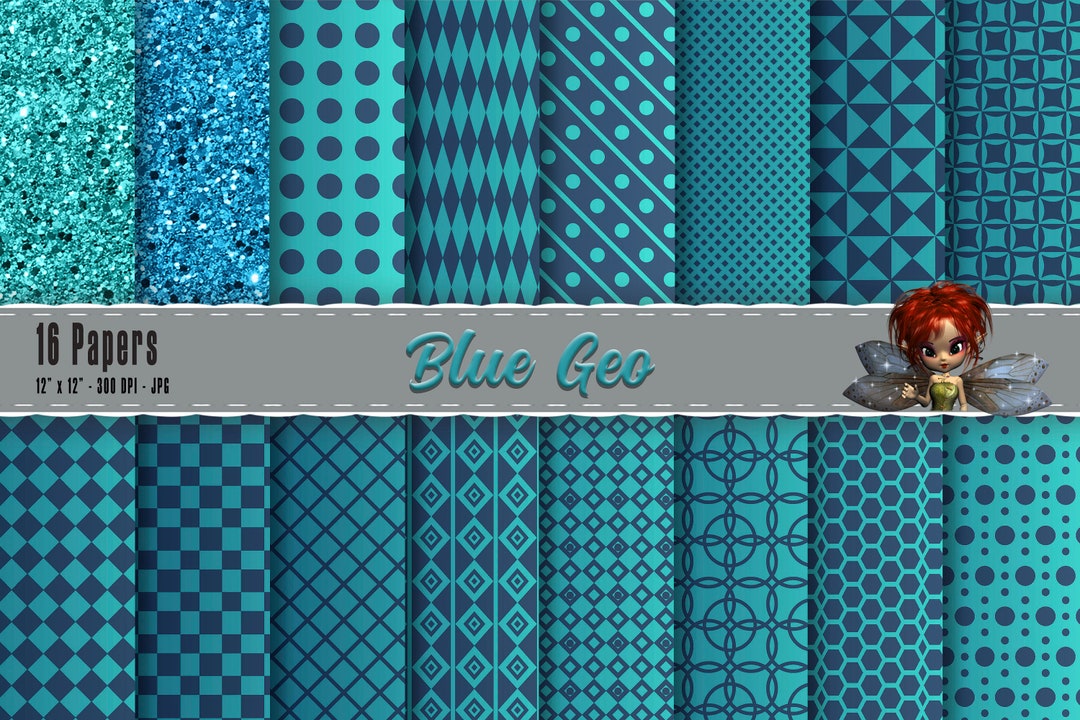 Blue and Teal Geometric Digital Scrapbook Paper Pack Instant - Etsy