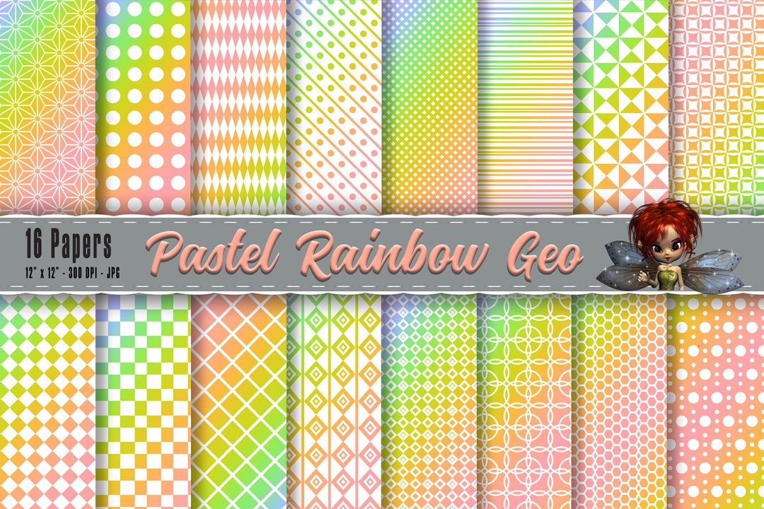 Pastel Rainbow Geometric Paper Pack, Scrapbook Paper, Printable Paper ...