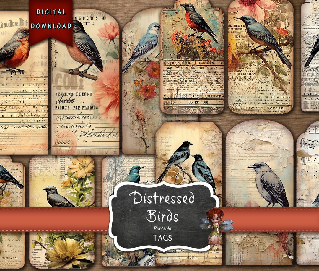 Distressed Birds Printable Tags, Junk Journal Bird Tags, Birds Ephemera ...