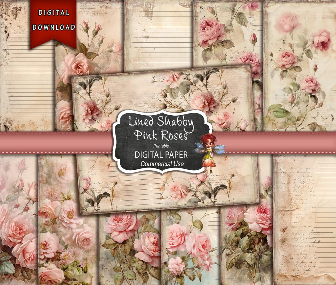 12 Printable Lined Shabby Pink Rose Journal Pages, Grungy Roses Journal ...