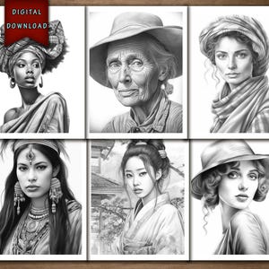 Faces Grayscale Coloring Book, Printable Coloring Pages, People ...